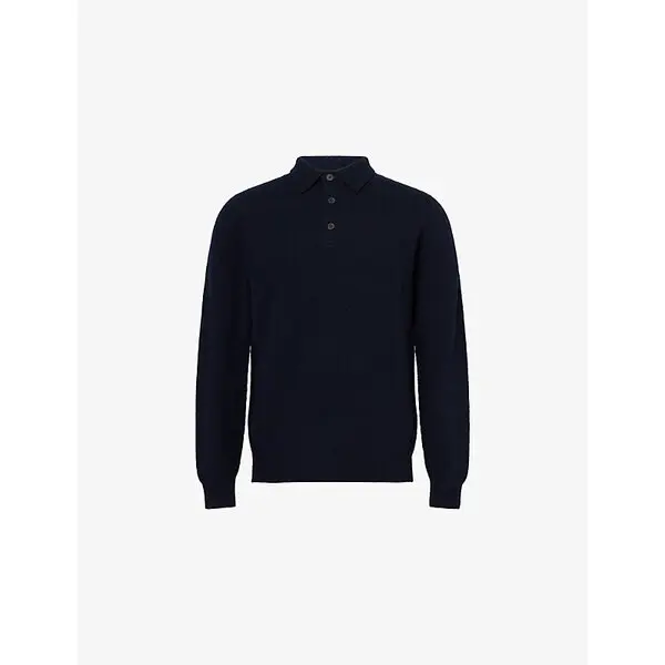 Sunspel Long-sleeve Wool Knitted Polo Shirt - Dark Navy Mouline