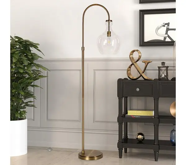 HUDSON&CANAL Verona Arc Brass Floor Lamp With G Lass Shade