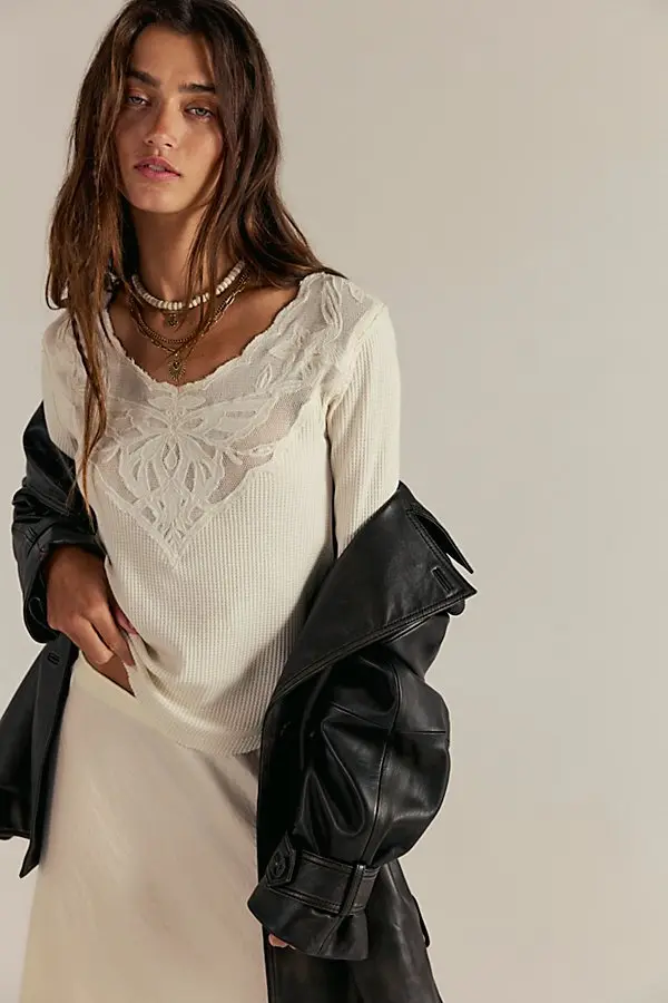 Free People Embroidered Long-sleeve Thermal Top - Sugar Swizzle