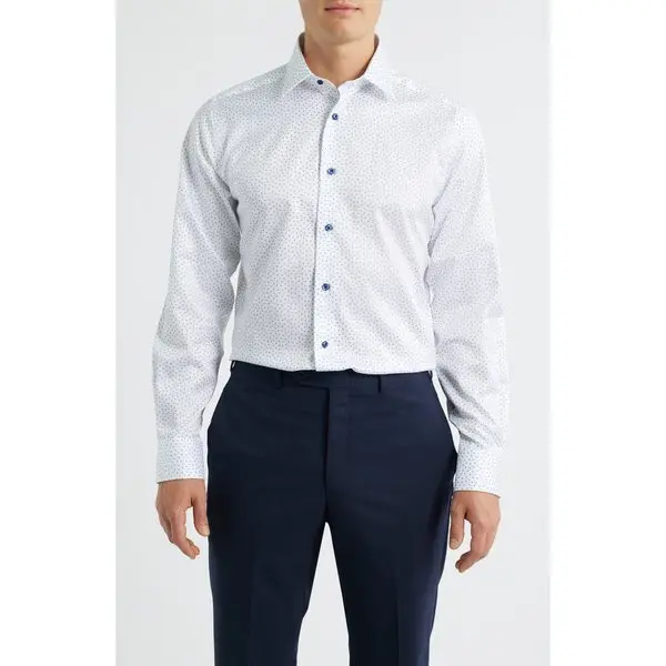 David Donahue Trim Fit Neat Print Cotton Dress Shirt - White/navy
