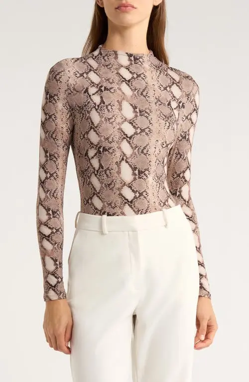 Naked Wardrobe Snakeskin Print Long Sleeve Bodysuit - Light Beige Snakeskin