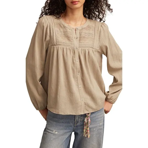 Lucky Brand Lace Inset Cotton Button-up Peasant Top - Laurel Oak