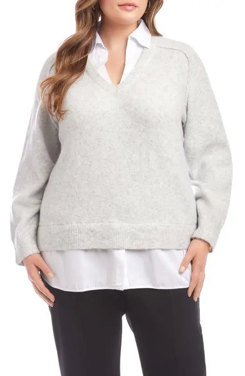 Karen Kane Layered V-neck Sweater - Light Heather Gray