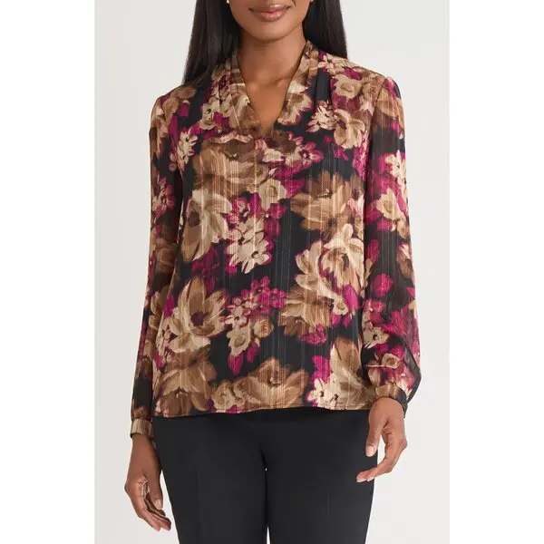 KASPER Metallic Floral Pleated Chiffon Top