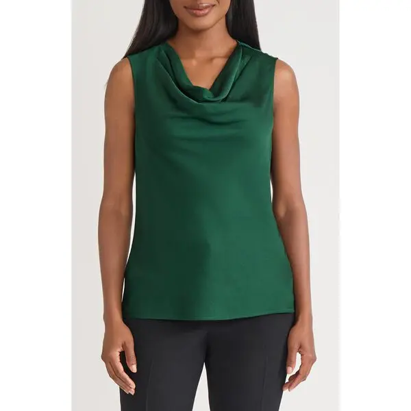 KASPER Cowl Neck Satin Top - Evergreen