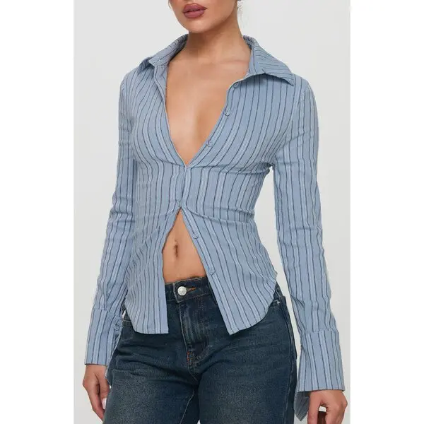 Princess Polly Madlin Stripe Button-up Shirt - Blue Stripe