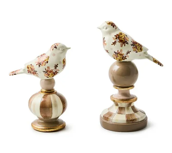 MACKENZIE-CHILDS Wild Rose Brown Bird Topiaries Set Of 2