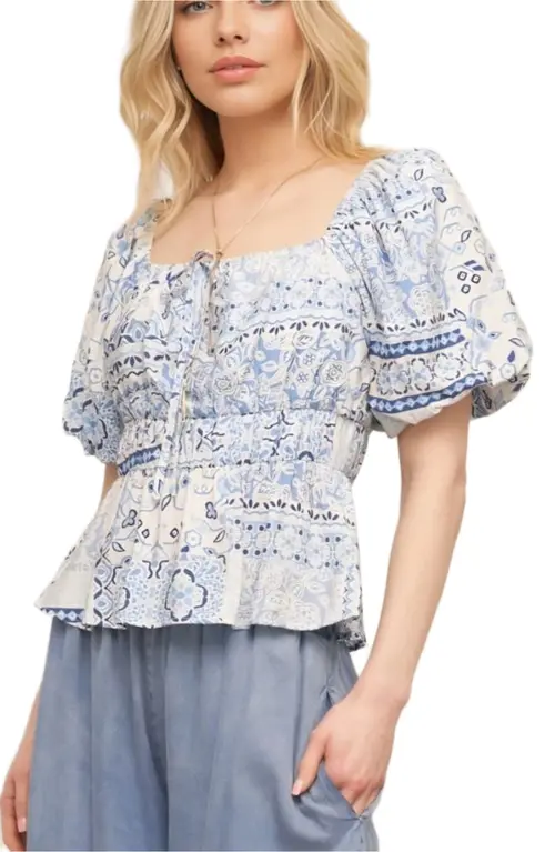 KNIT & LOUNGE Puff Sleeve Peasant Top