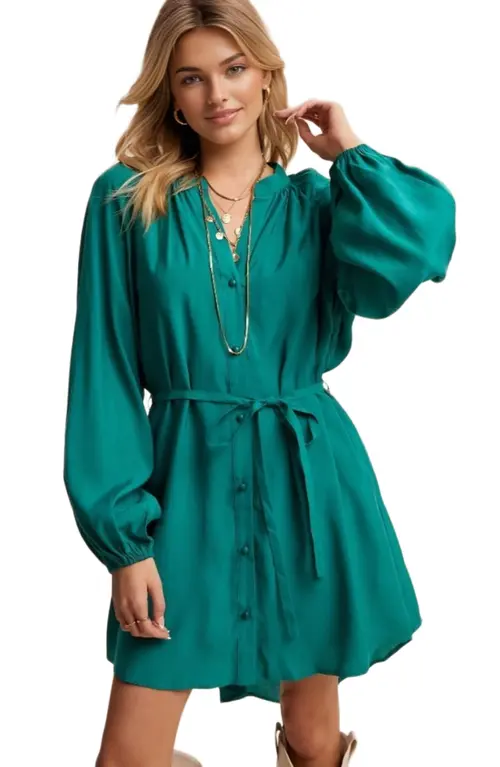 KNIT & LOUNGE Belted Button-up Mini Dress With Bishop Sleeves