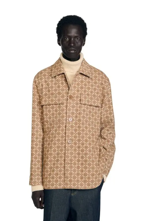 Sandro Square Cross Jacquard Overshirt - Camel