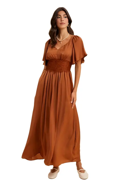 KNIT & LOUNGE Lace Waist Flutter Sleeve Maxi Dress - Rust