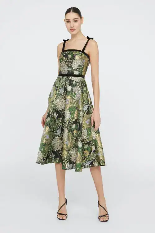 Theia Joni Velvet Bow Strap Dress In Black/Gold - 60% Off | Editorialist