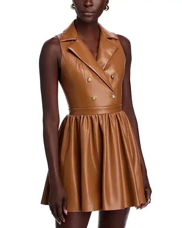 Alice + Olivia Faux Leather Flared Mini Dress - Camel - 60% Off |  Editorialist