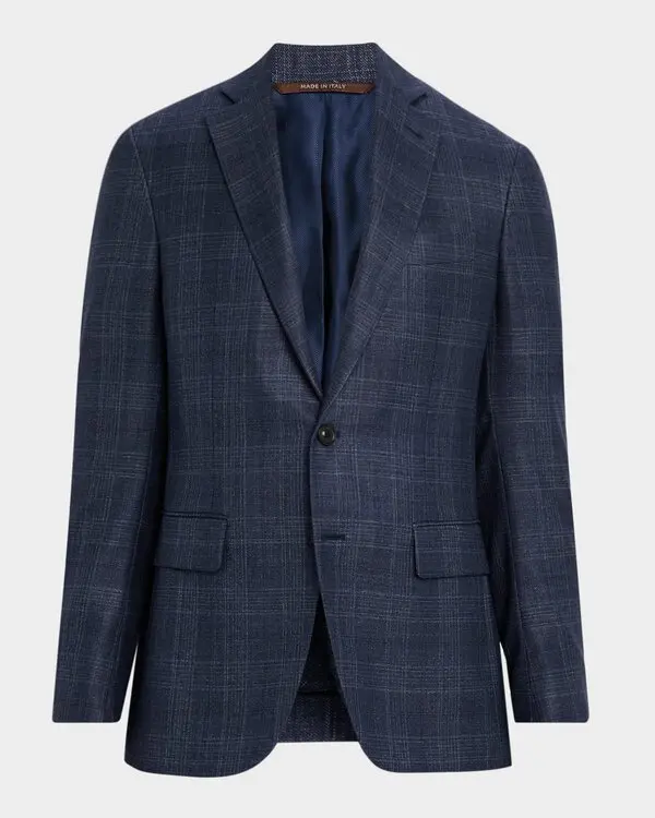 Canali Tonal Plaid Wool Stretch Sport Coat - Blue
