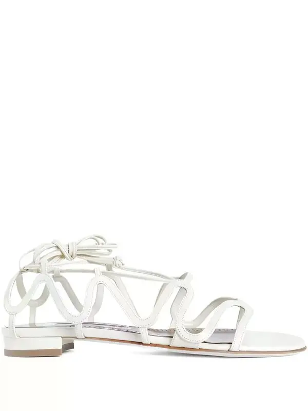 Manolo Blahnik Fawdaflat Lace-up Leather Sandals - White