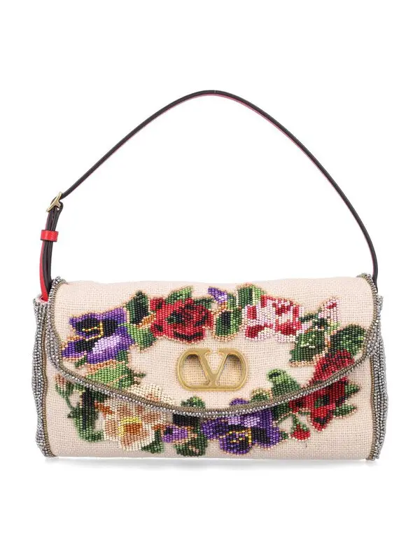 Valentino Garavani Vain Soft Embroidered Linen Shoulder Bag