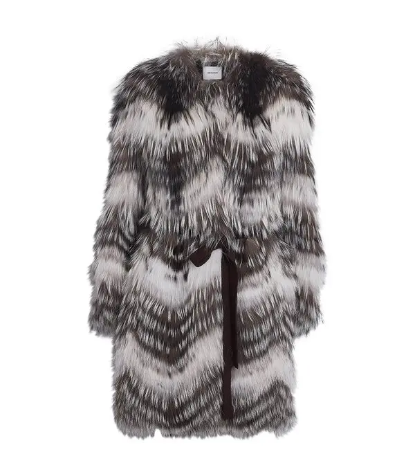 YVES SALOMON Fox Fur Wool Belted Coat