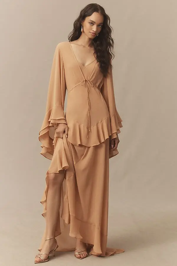 DE LA VALI Calypso Long-sleeve Ruffled Georgette Maxi Dress - Mocha