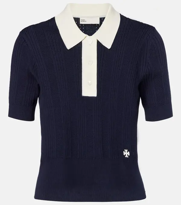 Tory Burch Cotton Pointelle Polo Shirt - Blue