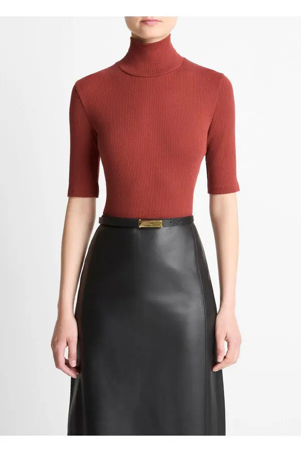 Vince Ribbed Cotton Elbow-sleeve Turtleneck Top - Denim