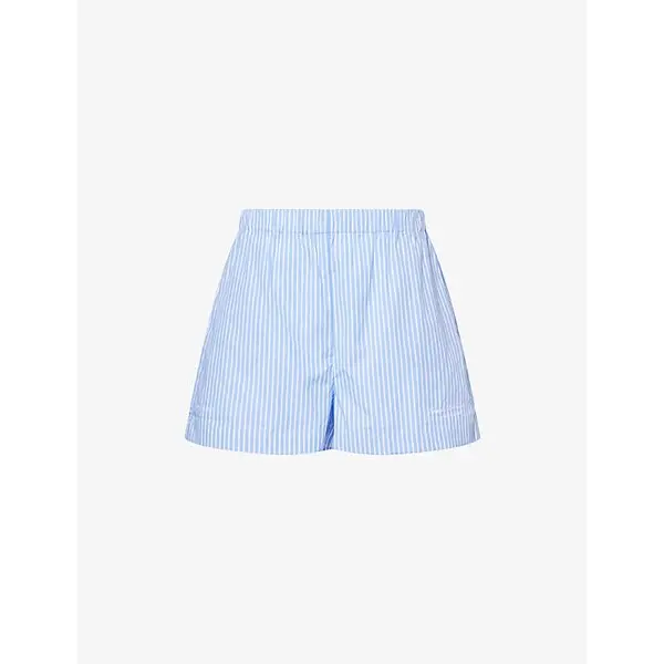 SPORTY & RICH Eden Script Striped Cotton Shorts - Blue White Stripe