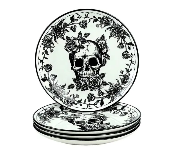 10 STRAWBERRY STREET Set Of 4 Skull Toile Desse Rt Plate