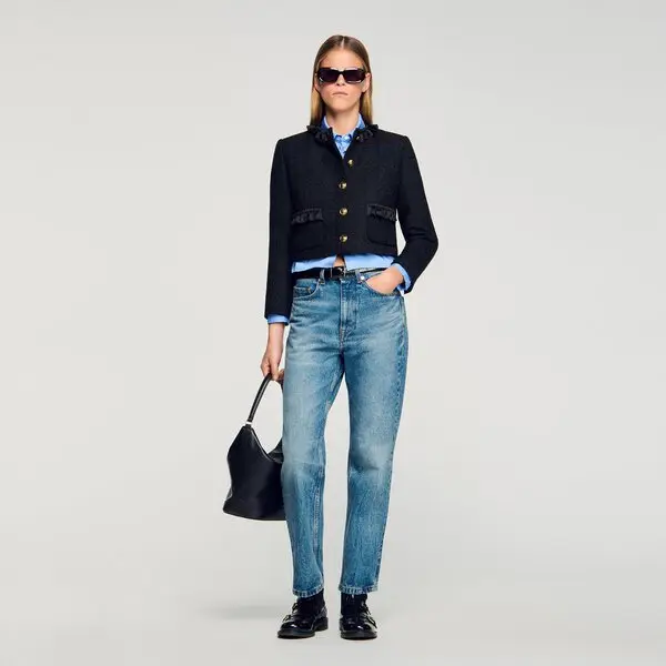 Sandro Tweed Jacket With Ruffle Details