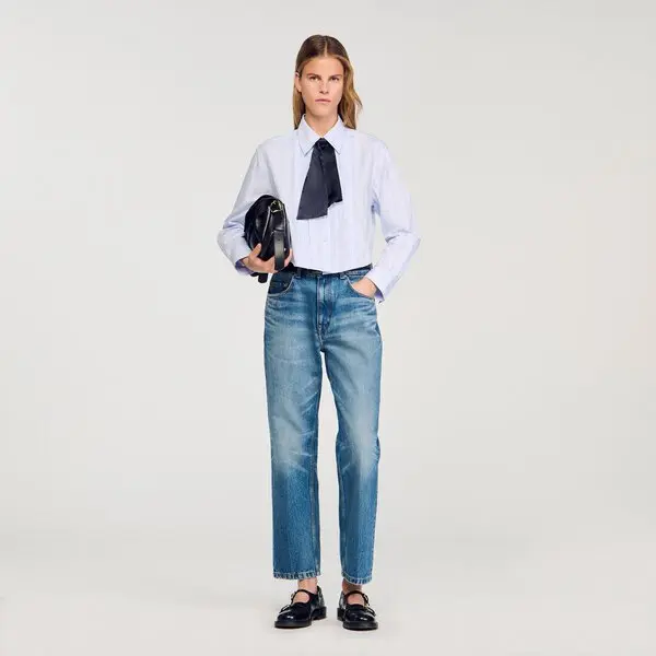 Sandro Striped Cropped Shirt With Removable Tie - Sky Blue