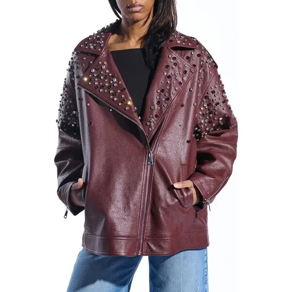 AZALEA WANG Crystal Studded Faux Leather Moto Jacket
