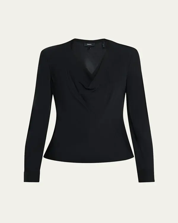 Theory Draped Long-sleeve Silk Blouse - Black