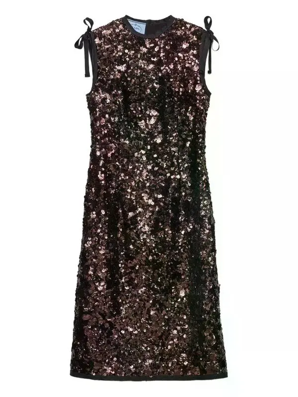 Prada Sequin Embellished Sleeveless Midi Dress - Brown