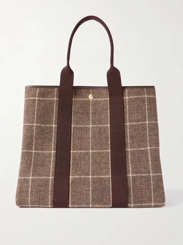 Rue De Verneuil Traversée Hunter Large Webbing And Leather-trimmed Checked Tweed Tote