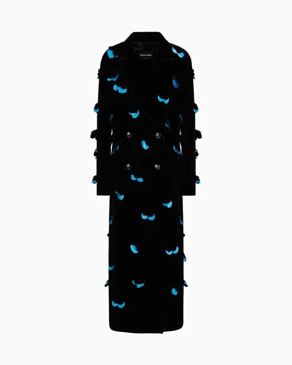 Giorgio Armani Long Velvet Single-breasted Coat With Flowers - Black