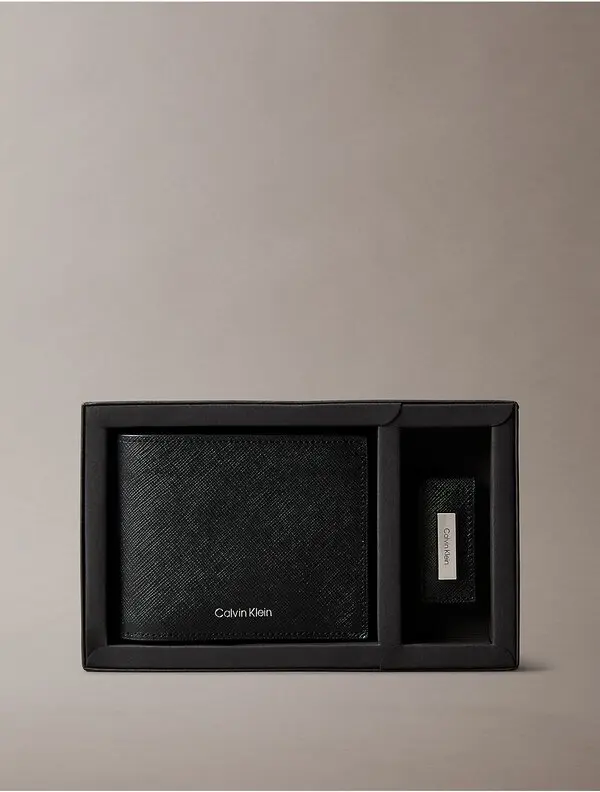 Calvin Klein Saffiano Leather Bifold Wallet + Money Clip Set - Black