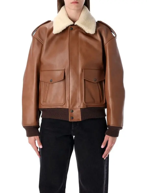 Saint Laurent Leather Bomber Jacket With Shearling Collar - Brown