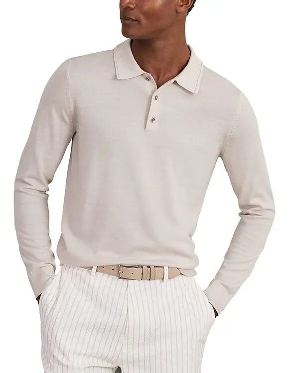 REISS Trafford Long Sleeved Half Button Merino Wool Polo - Beige