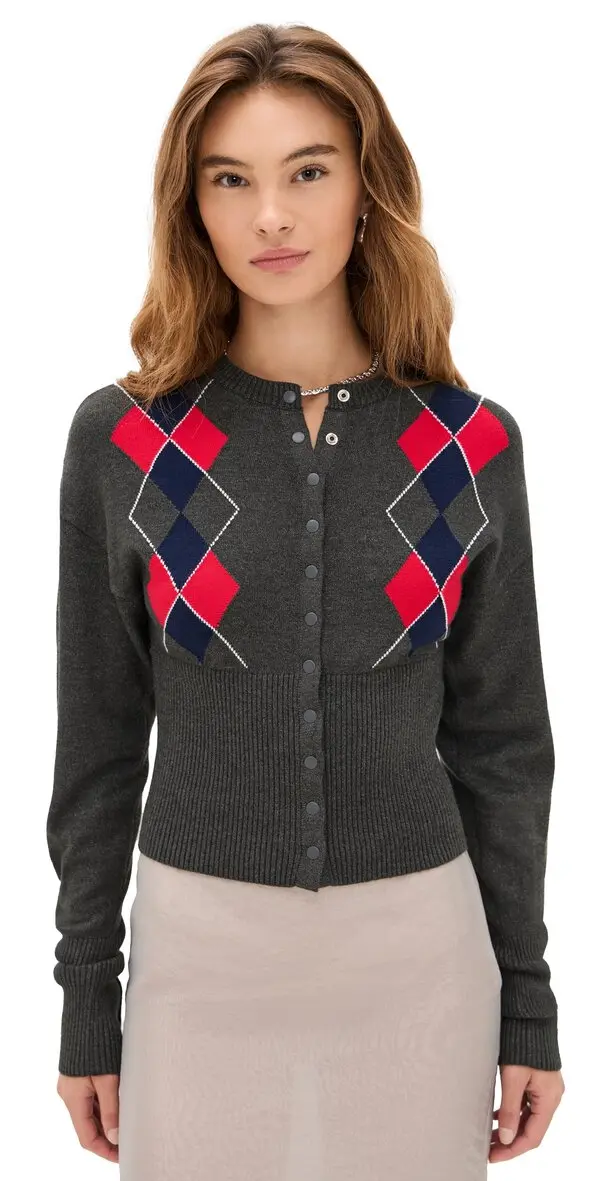 Lioness Argyle Pattern Knit Cardigan - Grey Argyle