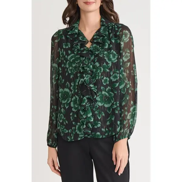 KASPER Floral Metallic Ruffle Chiffon Top