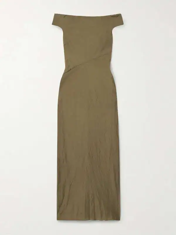 Staud Cheyenne Off-The-Shoulder Crinkled-Organza Maxi Dress - Taupe |  Editorialist