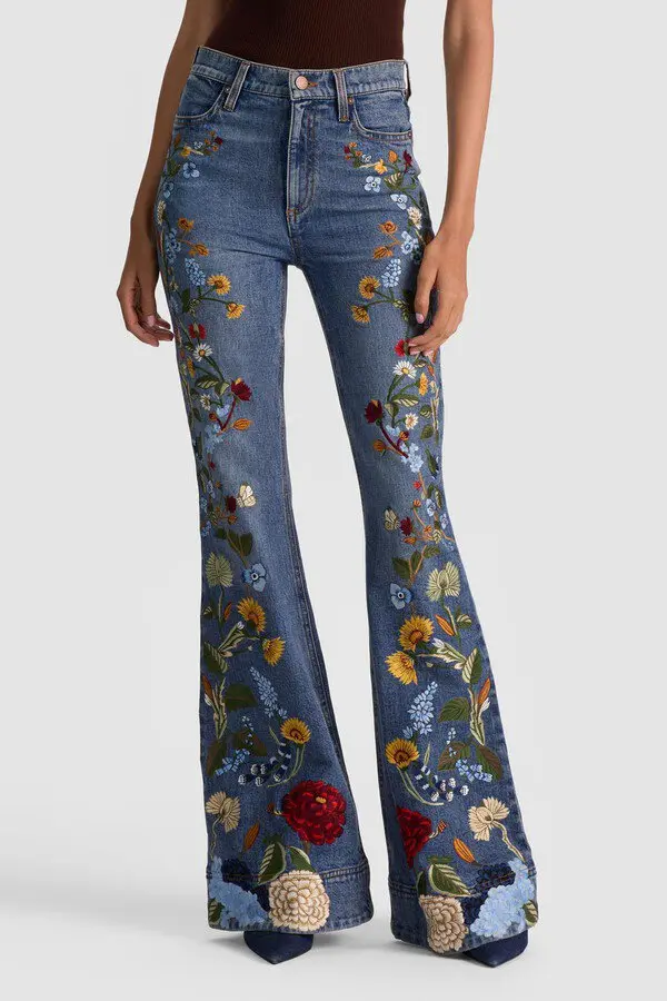 Alice + Olivia Embroidered High-rise Bell Bottom Jeans