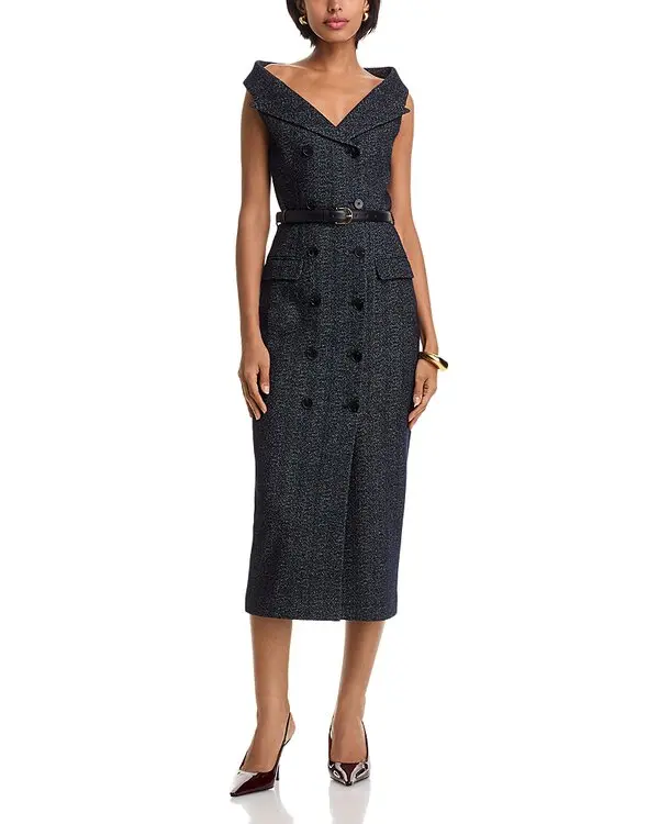 SELF-PORTRAIT Herringbone Wool Midi Dress