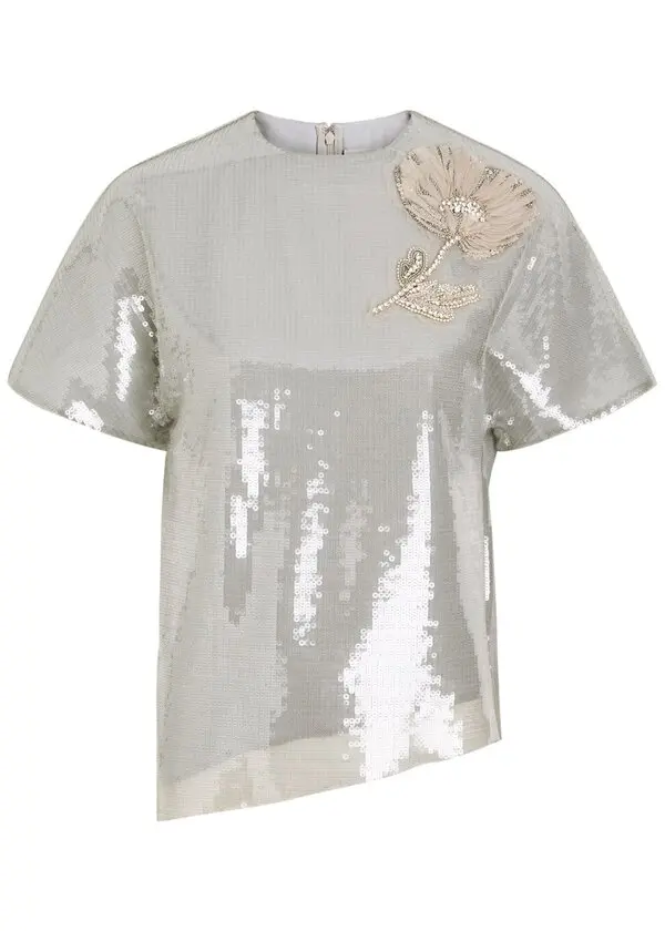 Huishan Zhang Sammi Floral-appliquéd Sequin T-shirt