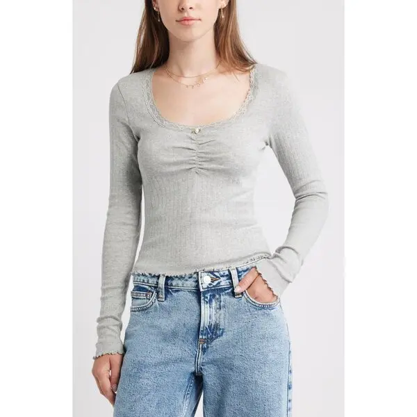 Bp. Pointelle Long Sleeve T-shirt - Grey Soft Heather