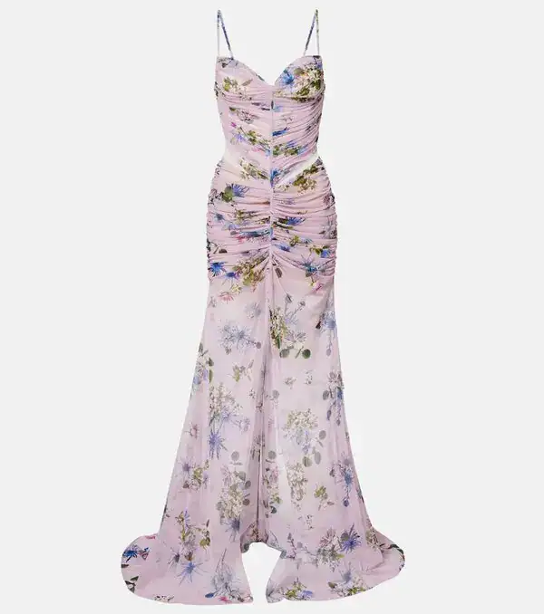 Blumarine Floral Ruched Sheer Gown In Pink - 40% Off | Editorialist