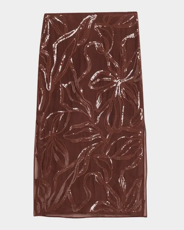 Brunello Cucinelli Sequined Georgette Midi Skirt - C4193 Bordeaux