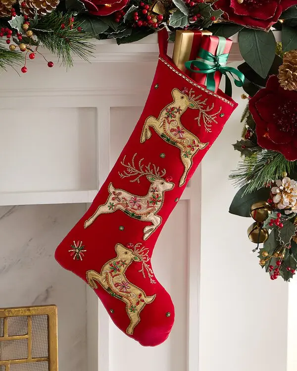 Neiman Marcus Beaded Reindeer Classic Christmas Stocking