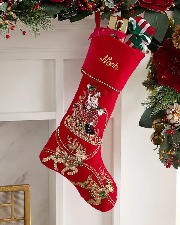 Neiman Marcus Beaded Santa And Reindeer Classic Christmas Stocking, Personalized