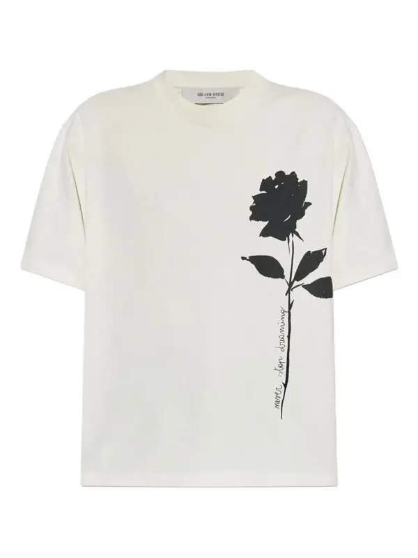 Golden Goose Journey Boxy T-shirt With Rose Print - Artic Wolf/ Black