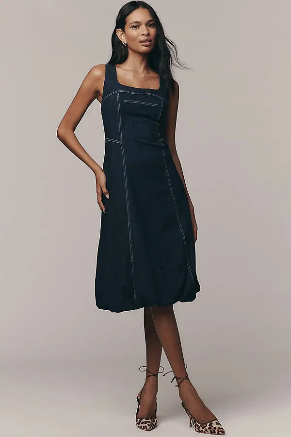 PILCRO Square-neck Denim A-line Midi Dress