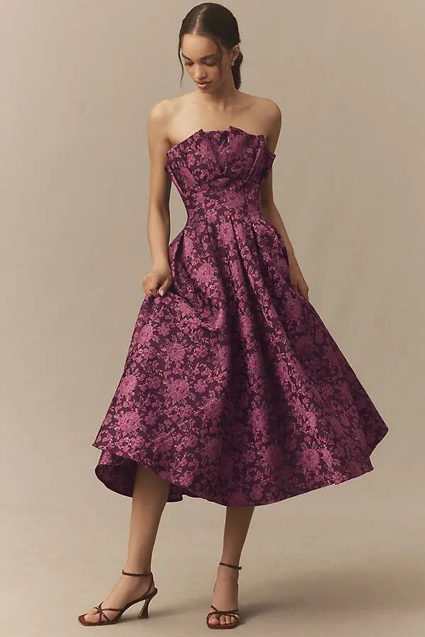 Mac Duggal Strapless Floral Brocade A-line Midi Dress - Medium Pink